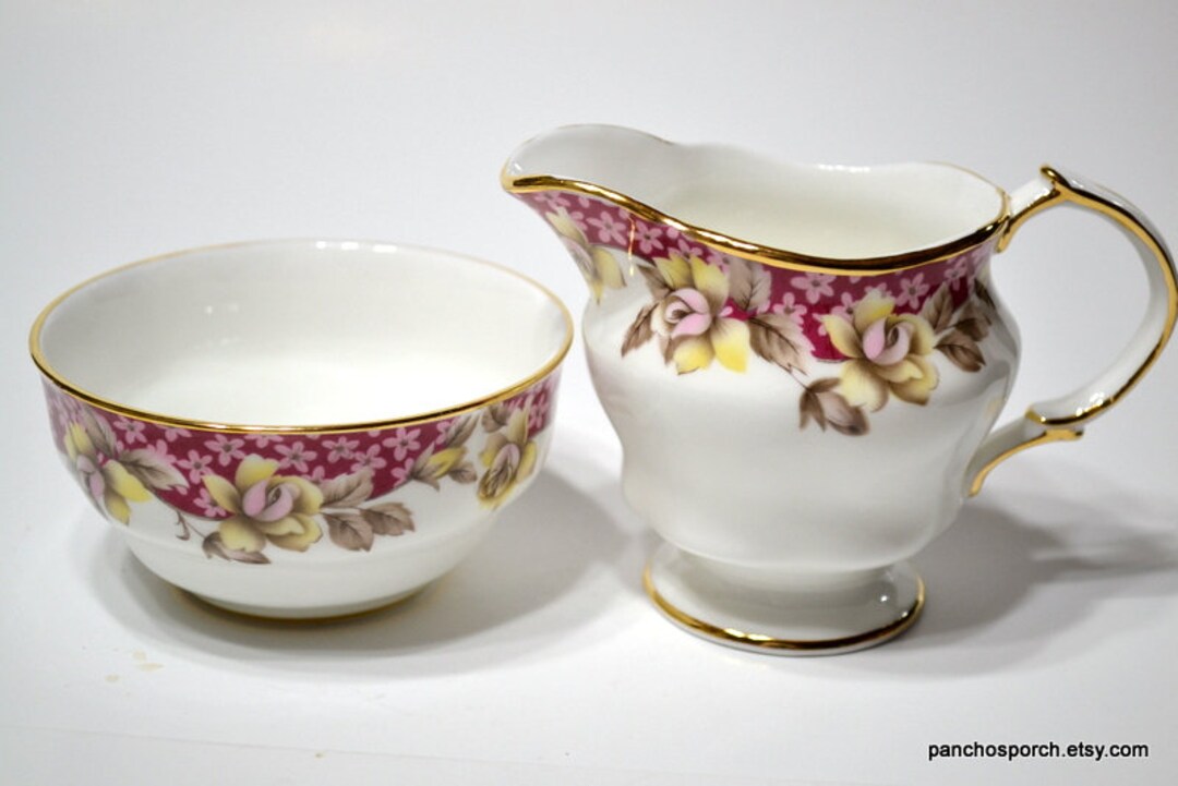 Vintage Arklow Elegance Open Sugar Bowl Creamer Set Pink Border Floral ...