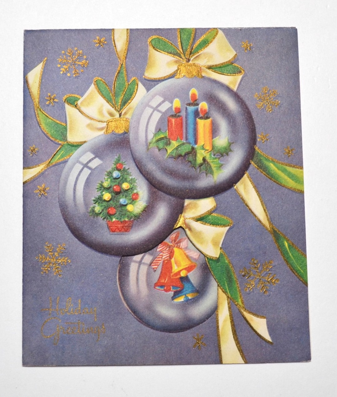 Vintage Christmas Card Round Balls Candles Ribbon Greeting Card No ...