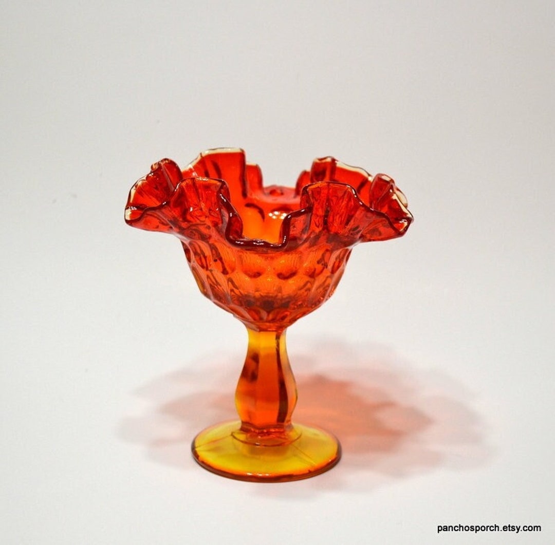 Vintage Fenton Amberina Glass Compote Pedestal Bowl Red Orange Gold ...