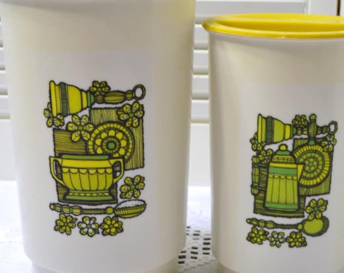 SALE Vintage Canister Set of 2 White Yellow Retro 1970s Plastic Pantry ...