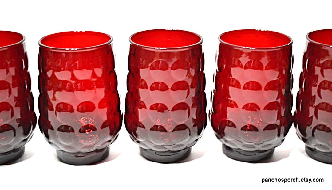 Vintage Bubble Ruby Red Flat Tumbler Set of 5 Drinking Glass Round Dots ...