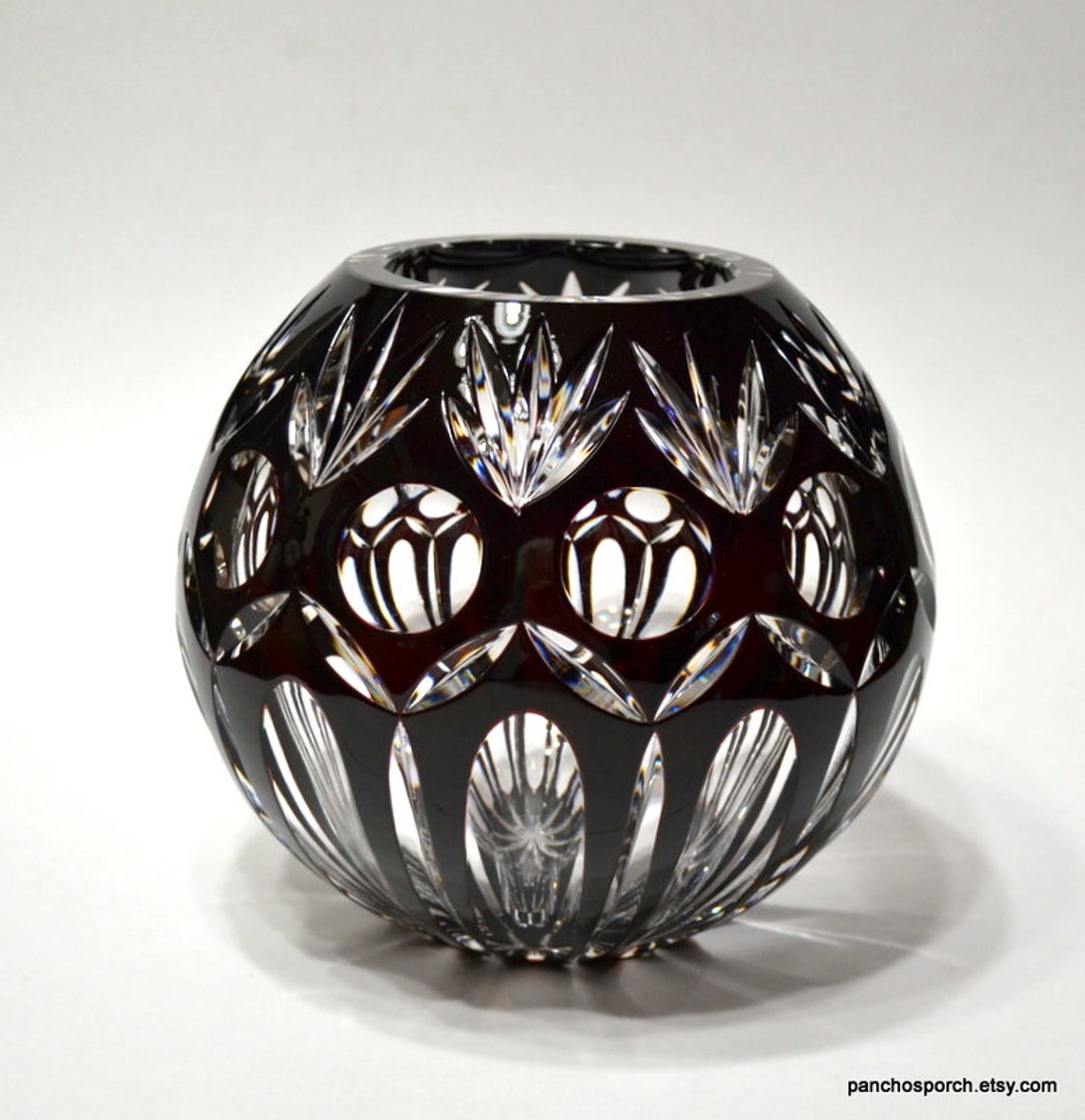 Vintage Cut to Clear Crystal Vase: Deep Red Rose Bowl, Palm & Fern ...
