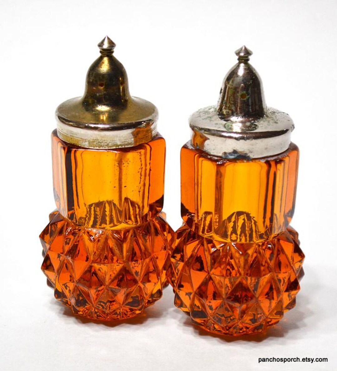 Vintage Diamond Point Amber Glass Salt & Pepper Shakers - Indiana Glass ...