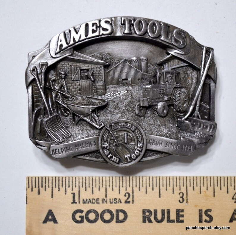 Vintage AMES TOOLS Belt Buckle: 1989 Farm Tools, Western Cowboy ...
