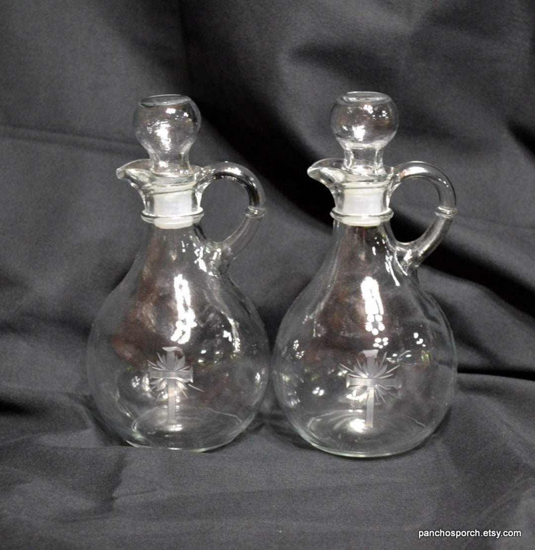Vintage Glass Cruet Set Etched Cross Religious Glass Cruets Oil Vinegar ...