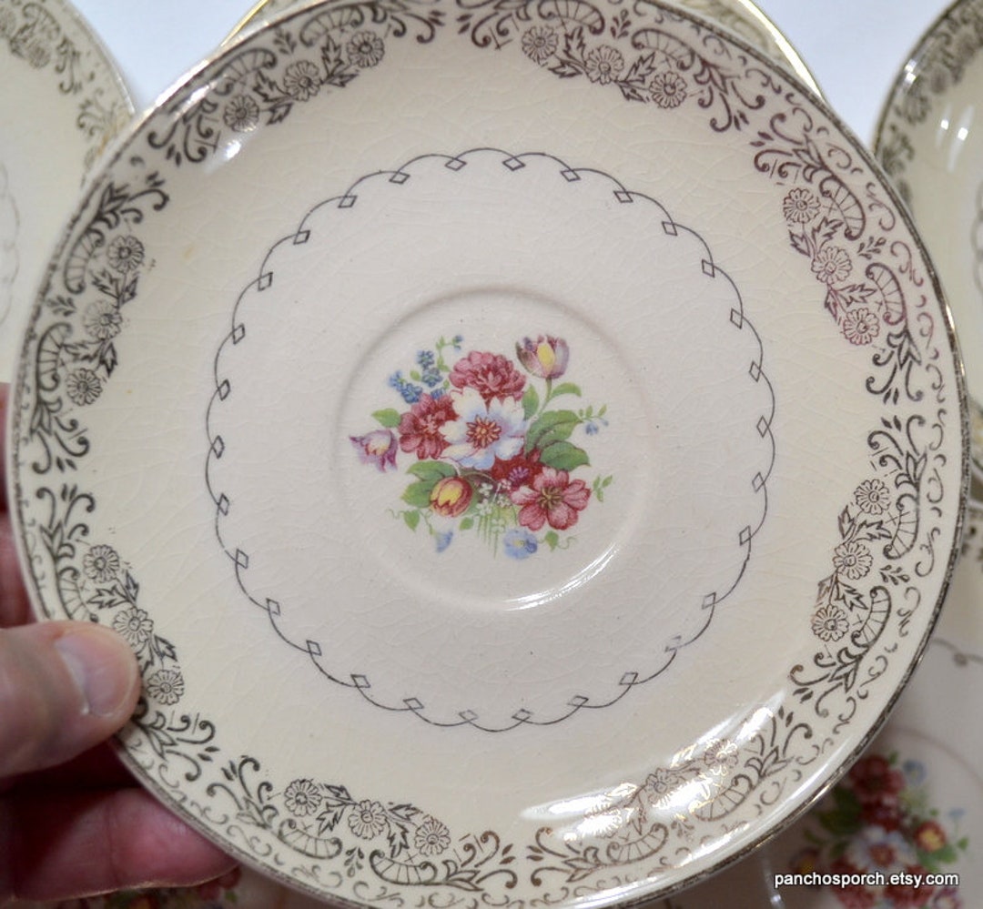 Vintage Paden City Pottery Saucer Set: Floral Gold Filigree, Farmhouse ...