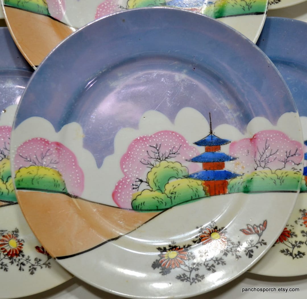 Vintage Takito Lusterware Dessert Plate Set of 6 Floral Pagoda Asian ...
