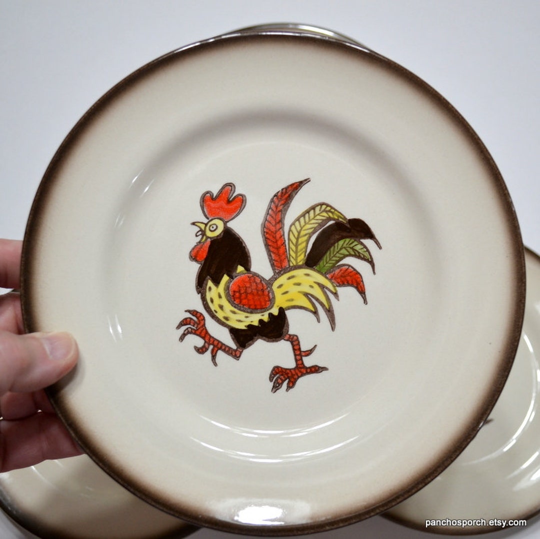 Vintage Red Rooster Salad Plates: Retro Farmhouse Kitchen Dinnerware ...
