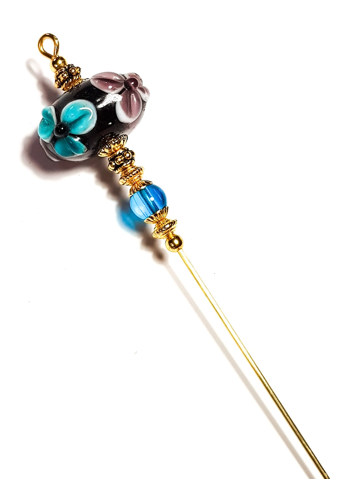 5 Gold Turquoise Purple Flower Hat Pin, Handmade Lampwork Glass Bead ...