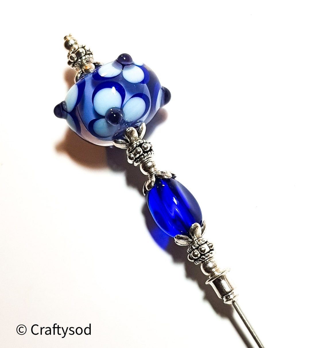 6 Blue Glass Flower Bead Hat Pin Vintage Antique Silver Style With Pin ...