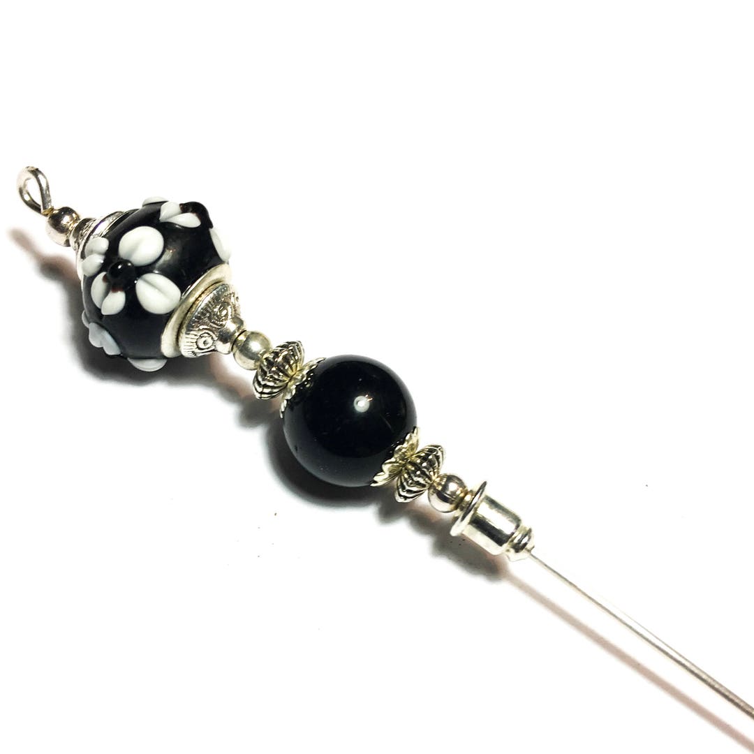 6 White & Black Glass Bead Hat Pin Vintage Antique Silver Style With ...