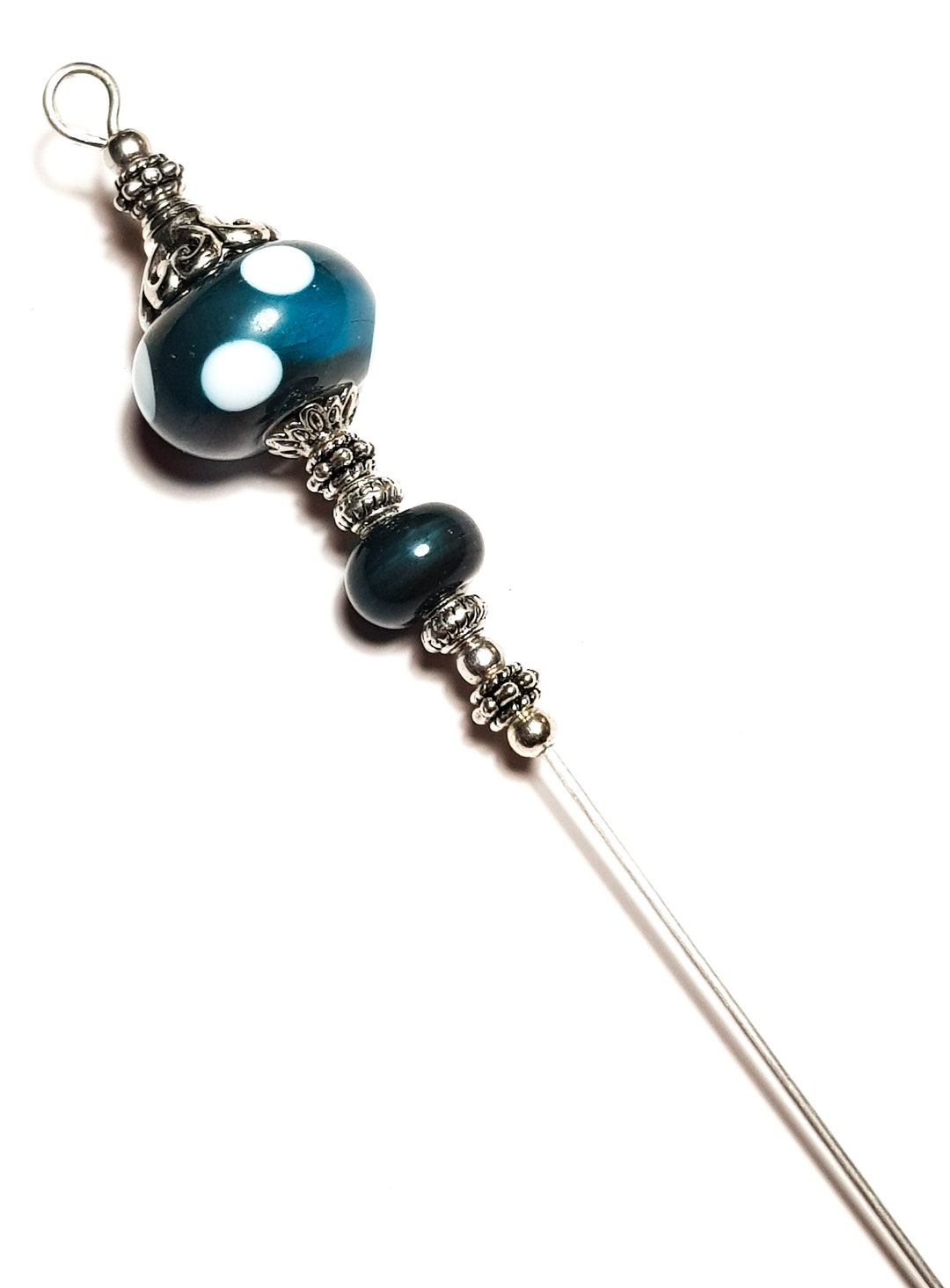 6 Silver Teal & White Spotted Glass Bead Hat Pin Handmade Lampwork With ...