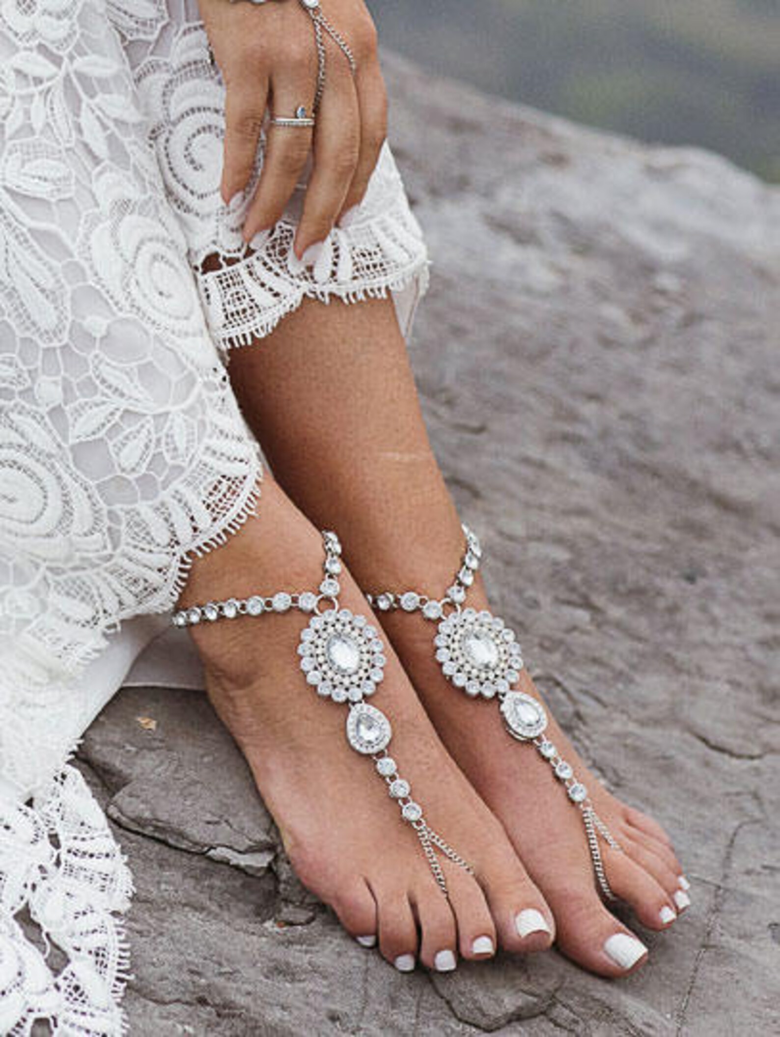 Zelda Silver Barefoot Sandals Rhinestone Shoes Beach Wedding | Etsy