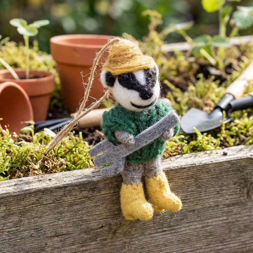 Boris the Gardening Badger Hanging Decoration: Handmade Needle Felt ...