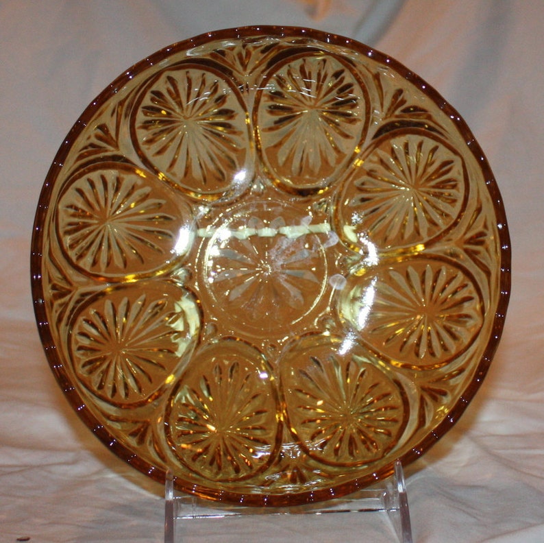 Vintage Pressed Glass Amber Colored "sunburst" Pattern Salad/fruit Bowl ...