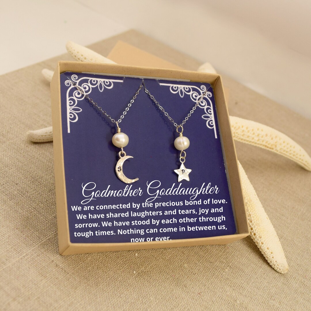 Godmother Goddaughter Necklace Set, Sterling Silver Moon Star, Pearl ...