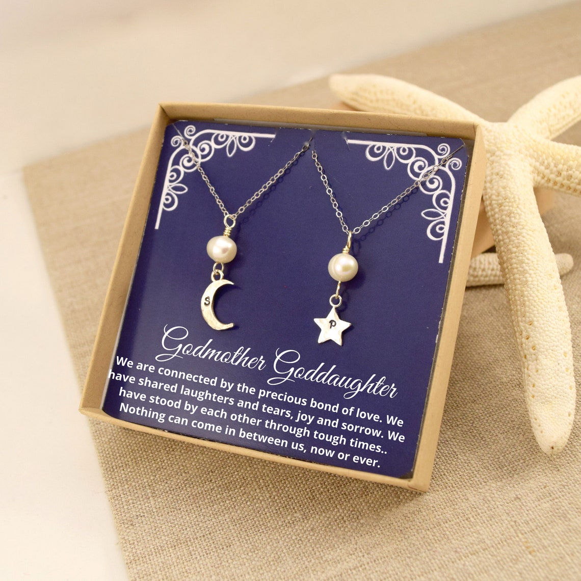 Godmother Goddaughter Necklace Set, Sterling Silver Moon Star, Pearl ...