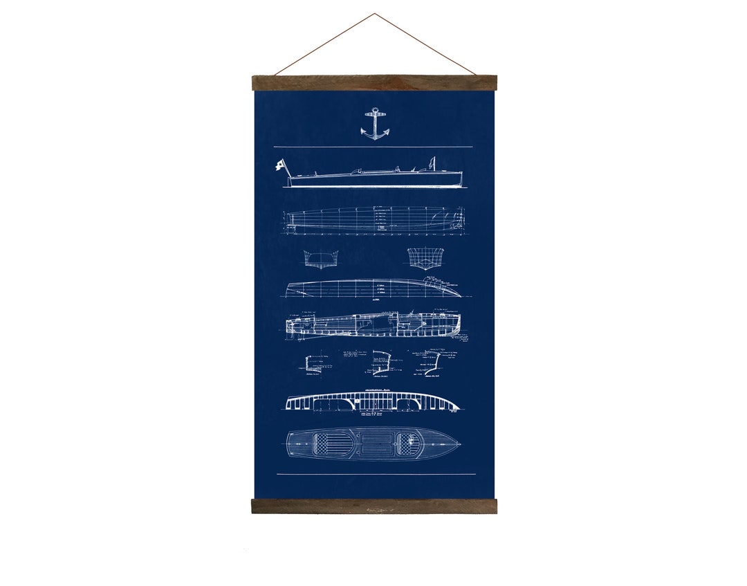 Frame Included 36x20, Vintage Runabout Boat Plans From 1920 Hanging Art ...