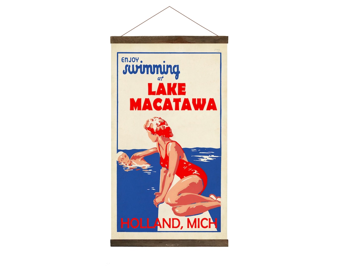 Frame Included! 36"x20", Swim Lake Macatawa Travel Poster Art - Rip ...