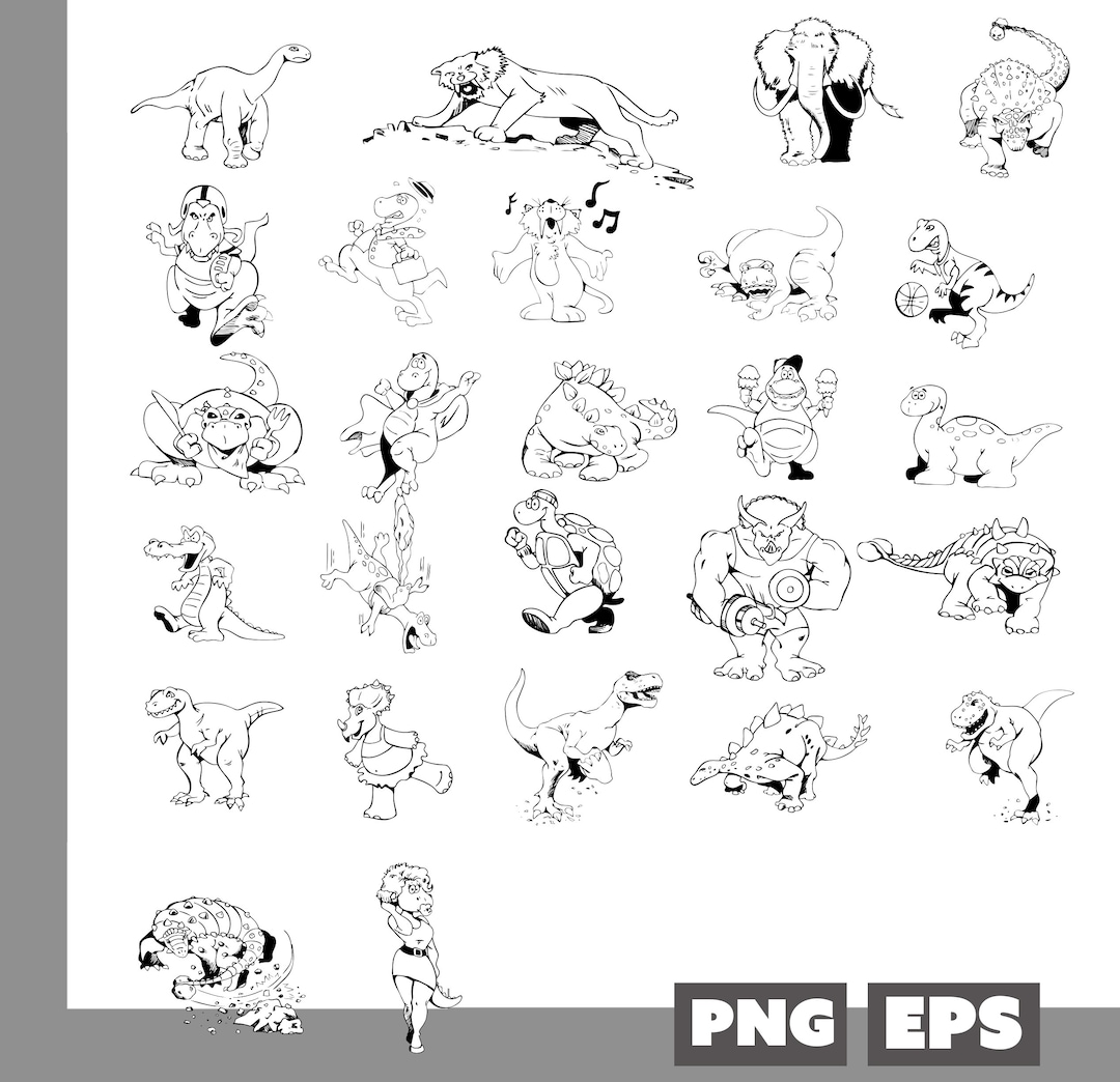 Dinosaurs Black and White Clip Art 26 EPS and 26 PNG Files - Etsy