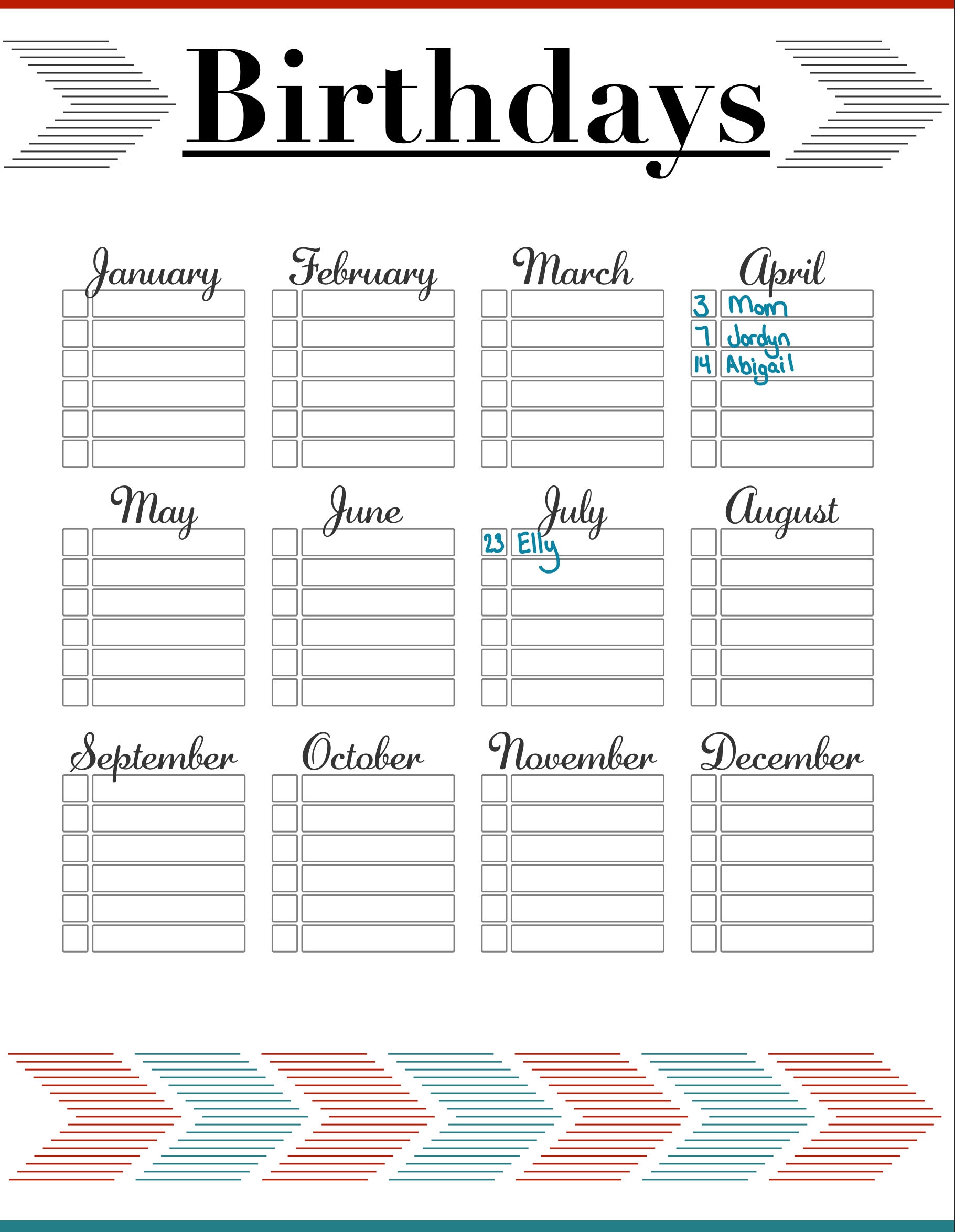 Birthday List DIGITAL DOWNLOAD Year of birthdays PDF | Etsy