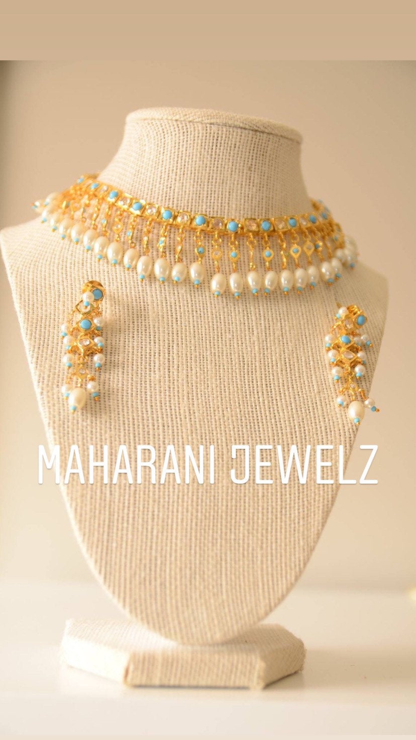 Jadau Gold Plated Firoza Polki Necklace Set | Turquoise, Pearls, Indian ...