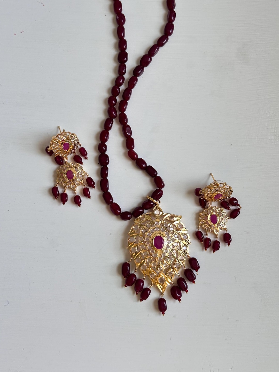 Red Ruby Beads Mala Necklace Set – 21K Gold Plated Silver With Matching ...