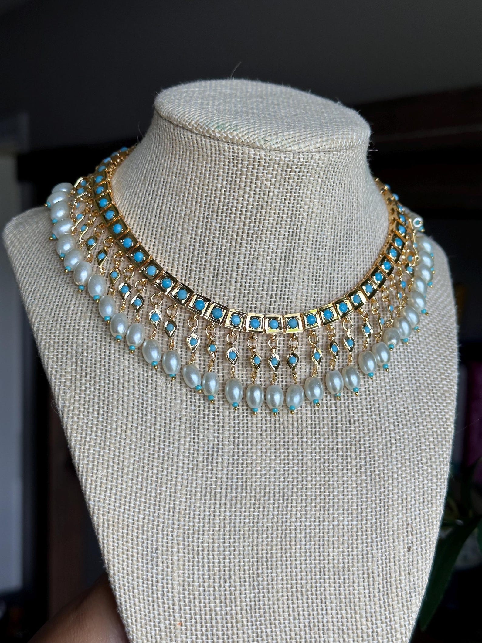 Jadau Gold Plated Firoza Polki Necklace Set | Turquoise, Pearls, Indian ...
