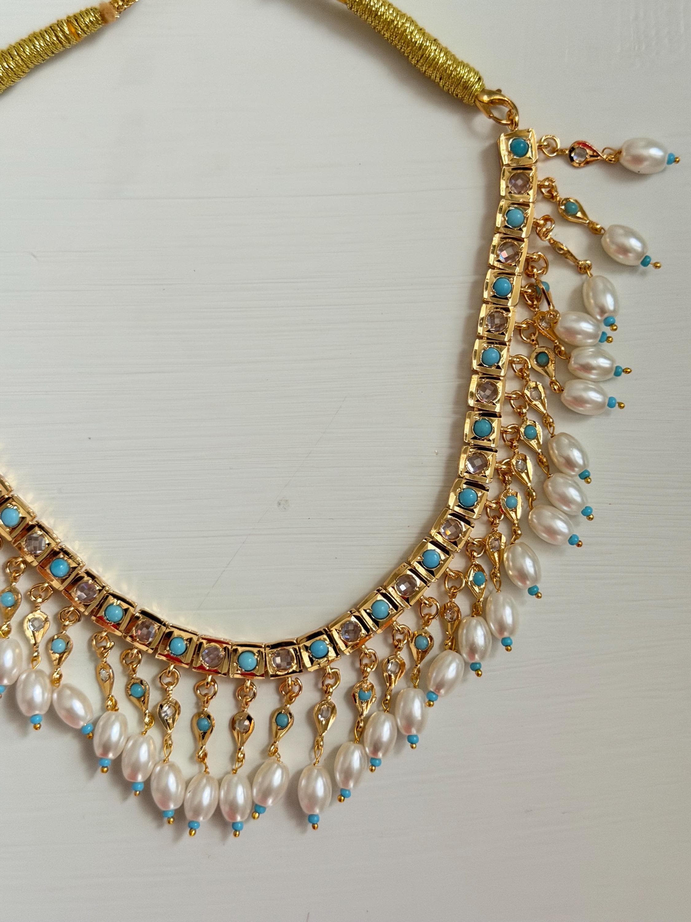 Jadau Gold Plated Firoza Polki Necklace Set | Turquoise, Pearls, Indian ...