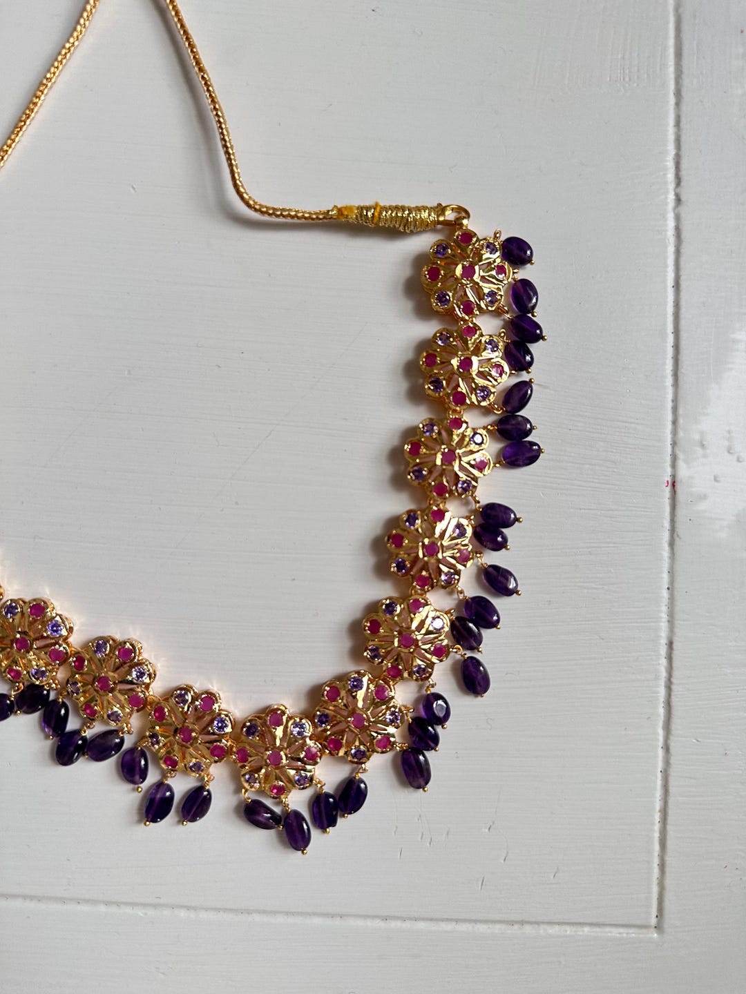 Jadau Amethyst & Ruby Necklace Set 21K Gold Plated Silver, Floral ...