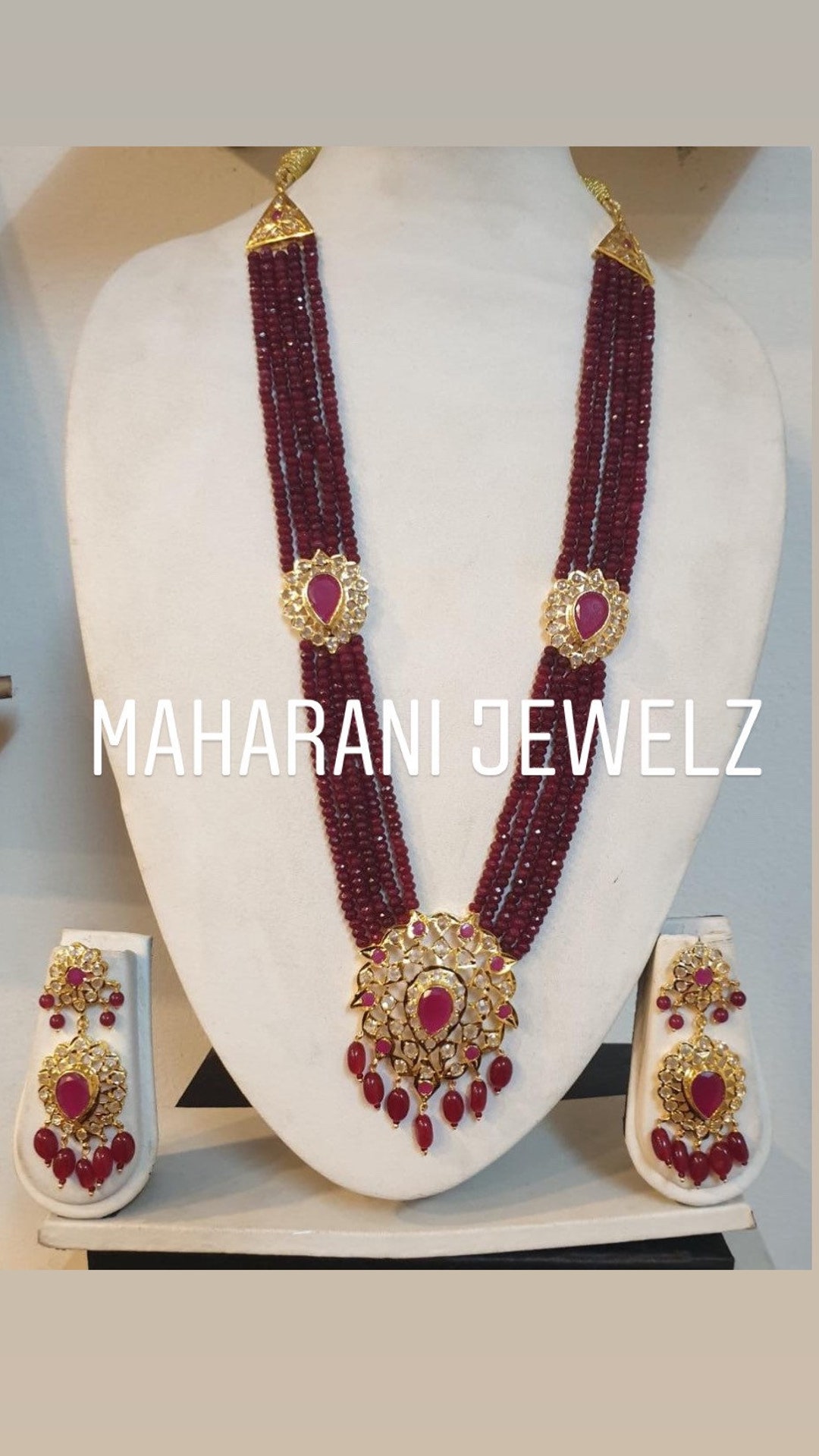 Inyat Ruby Bridal Necklace Set With Earrings/ Gold Plated With Natural ...