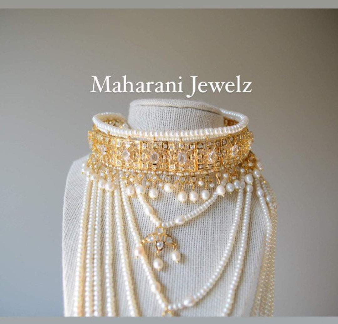 Gold Plated Pearl Guluband Set: Jadau Indian Bridal Choker With Jhumka ...