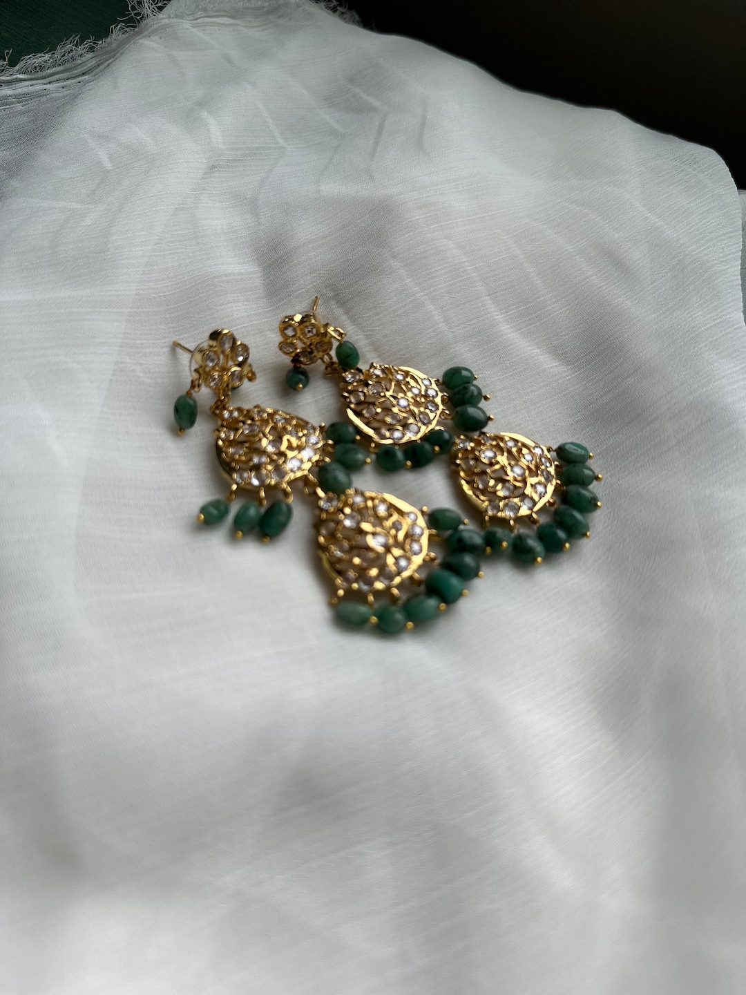 21K Gold Plated Raw Emerald Drop Earrings: Jadau Polki Inlay - Etsy