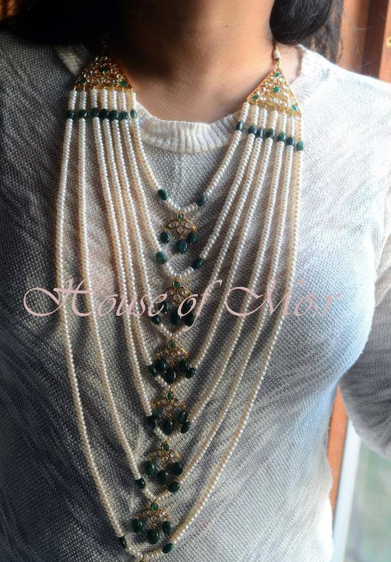 Hyderabadi satlada with Natural Emeralds and Pearls 21K Gold Plated On Silver Indian Bridal Jewelry Pakistani Wedding Necklace 7 Layered