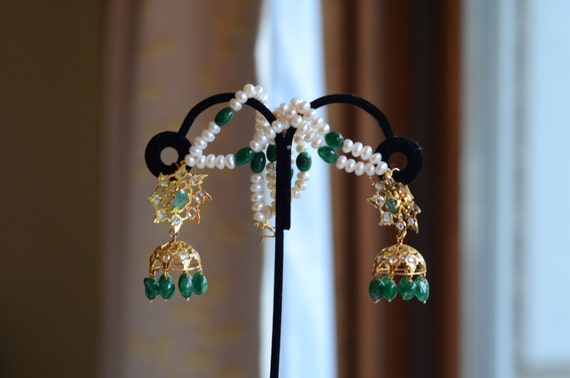 Hyderabadi traditional Karan phool Emerald Jhumka Gold plated on silver with pearl saharas