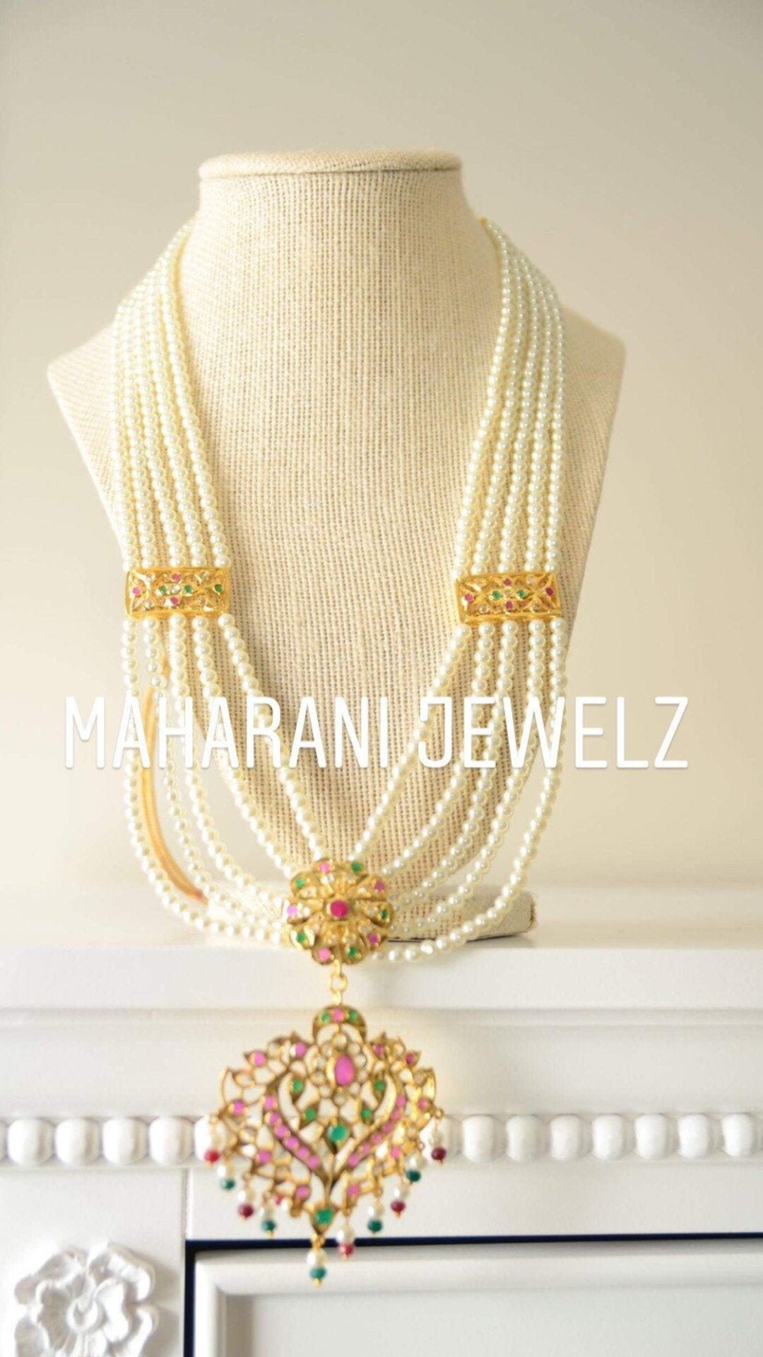 Navratan 21k Gold Plated on Silver Jadau Rani Haar | Multi Layer Pearl ...