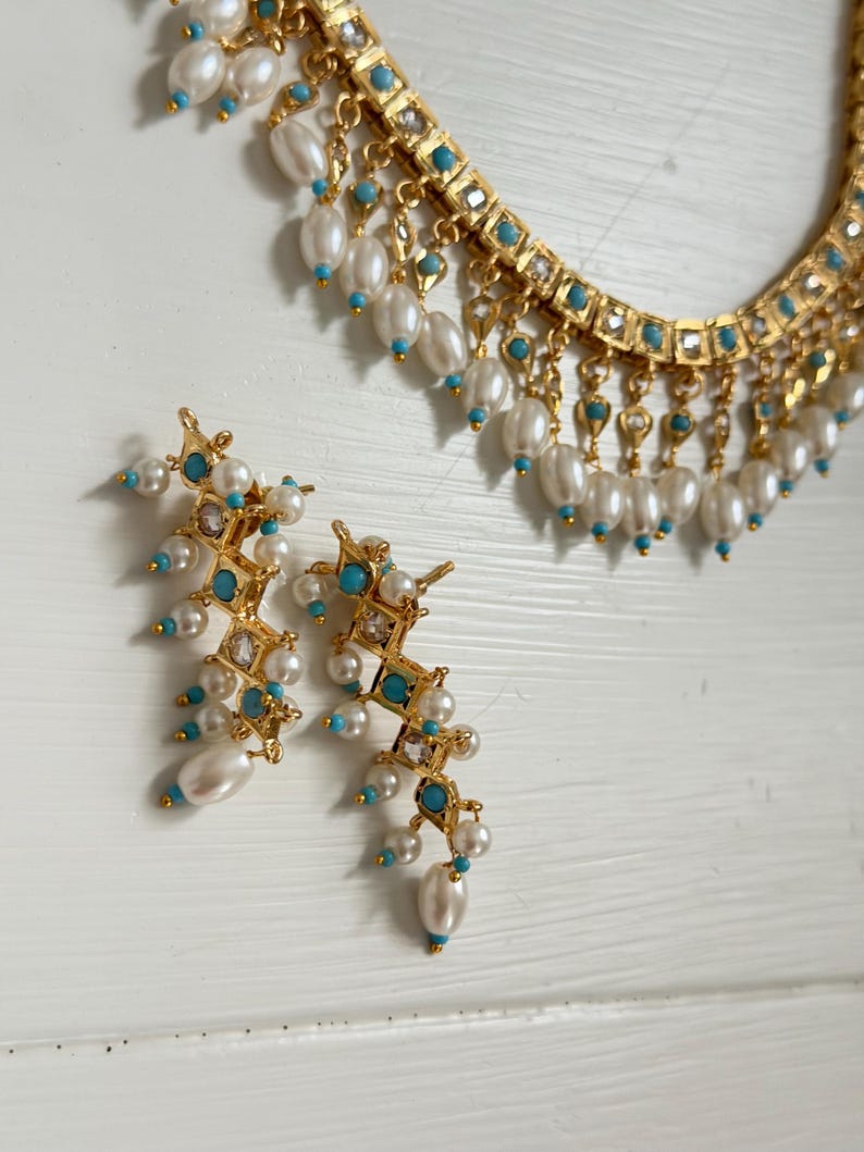 Jadau Gold Plated Firoza Polki Necklace Set | Turquoise, Pearls, Indian ...