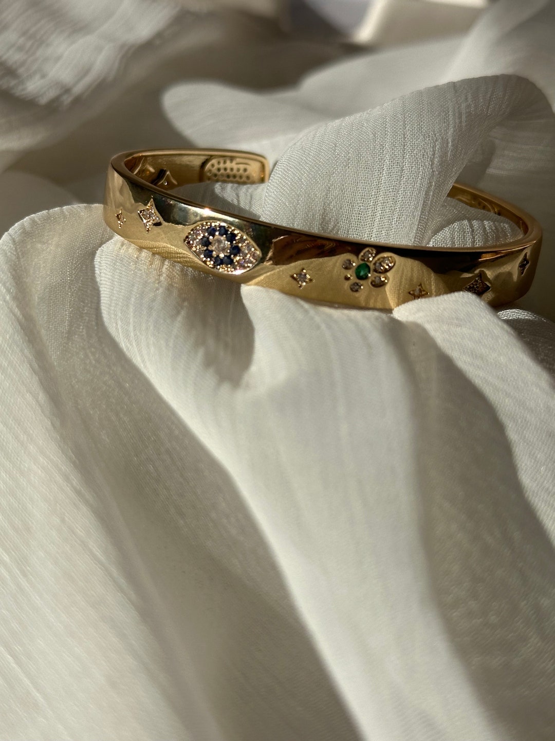 Evil Eye and Hand of Hamsa Cuff Bracelet, Gold Plated With Cubic ...