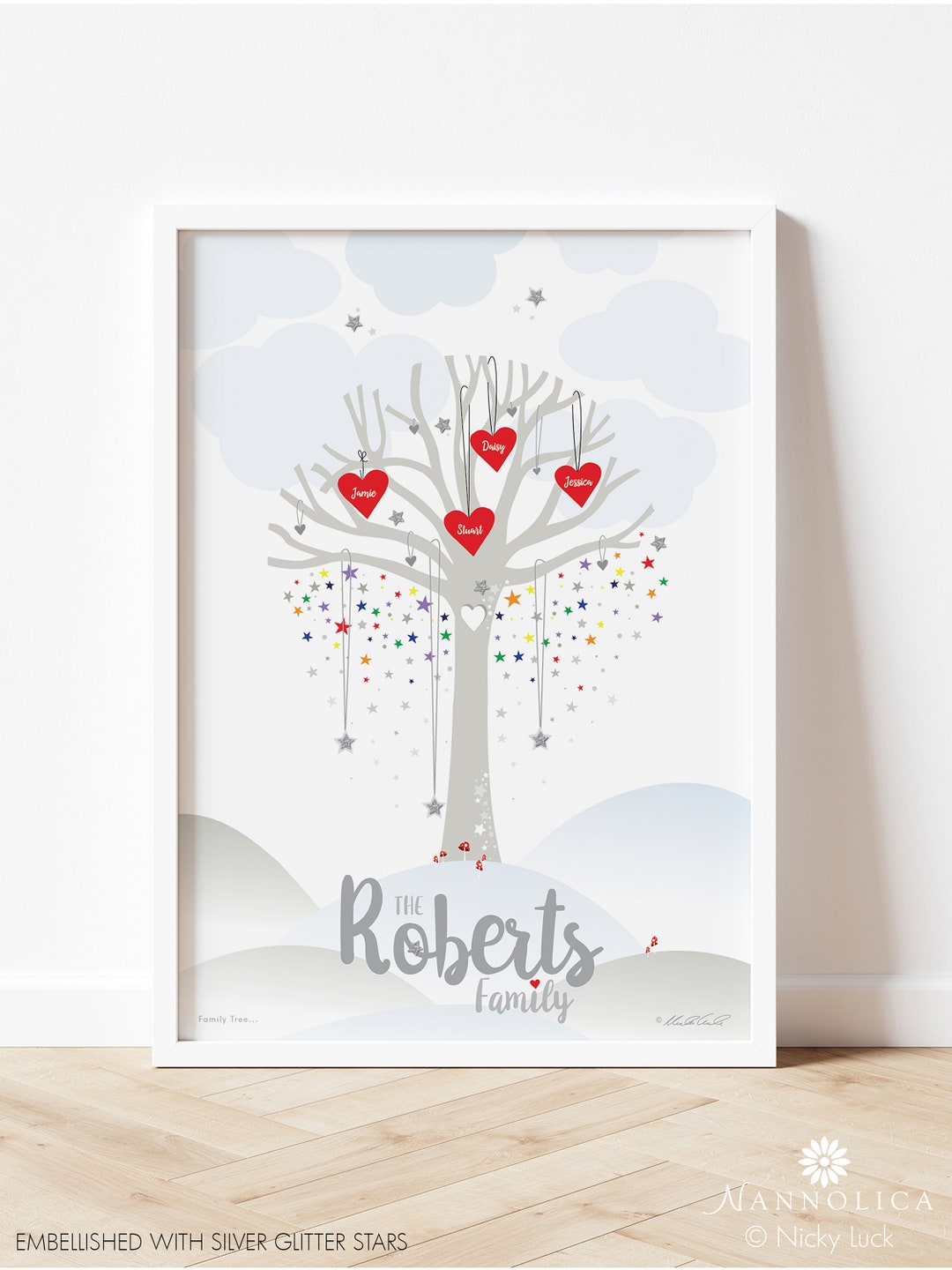 Personalised Family Tree Print, Grey Tree With Red Hearts and Rainbow ...