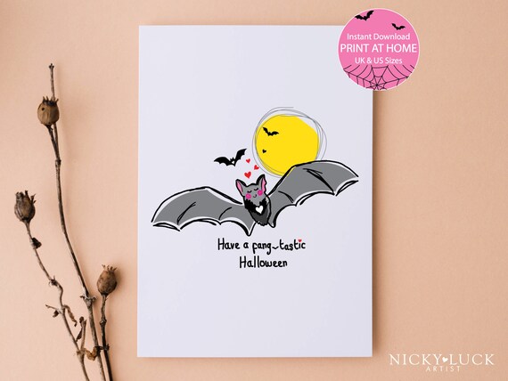 Bat Printable Halloween Card Cute Bat Card Fangtastic - Etsy