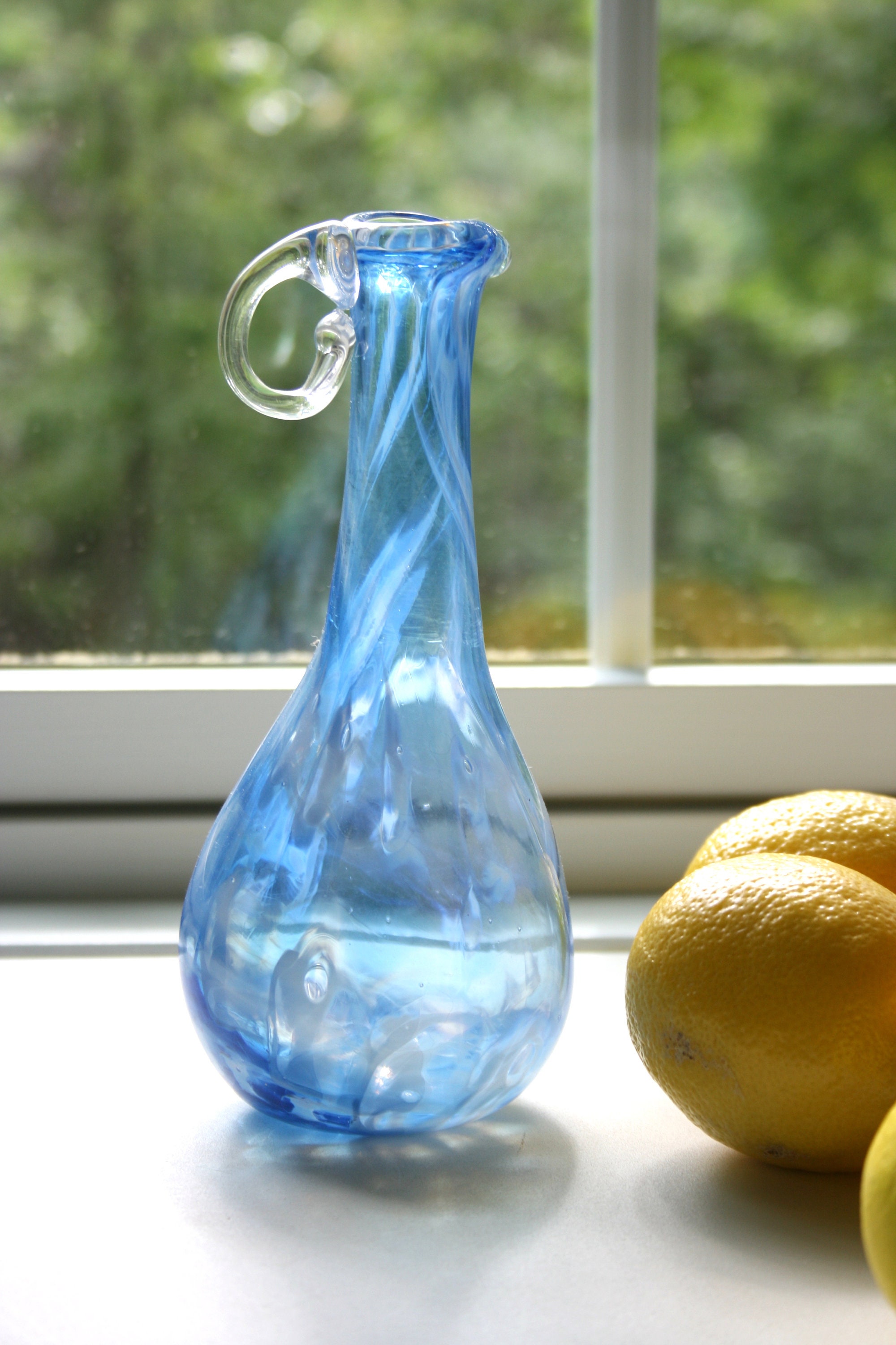 Hand Blown Glass Pitcher Blue and White Swirl Long Neck | Etsy