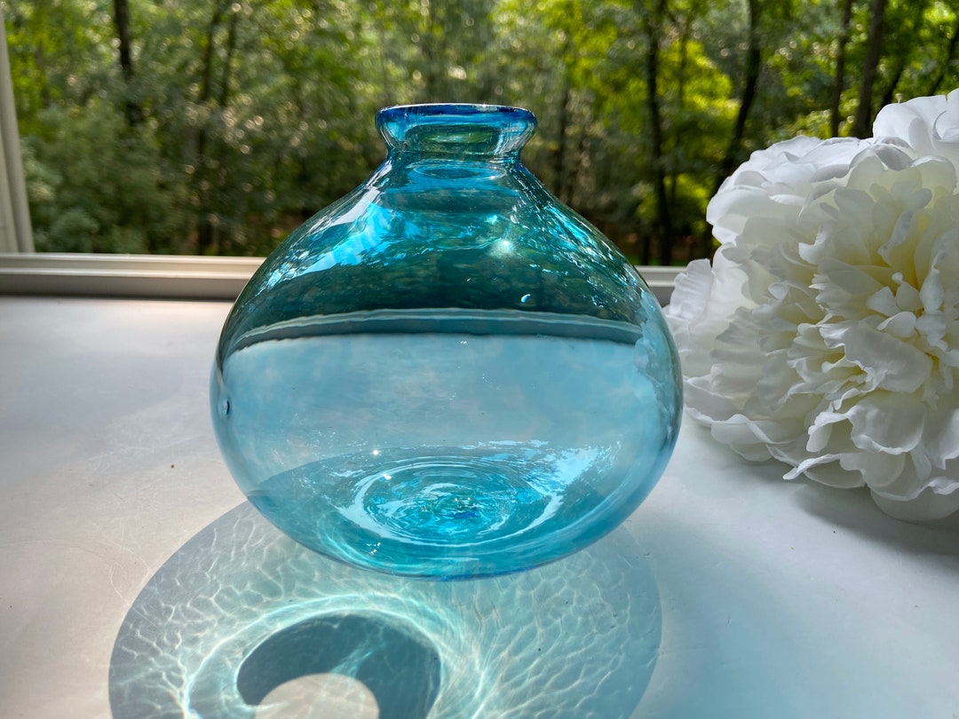 Aquamarine Blue Bud Vase, Handblown Glass, Hand Blown Vase, Squat ...