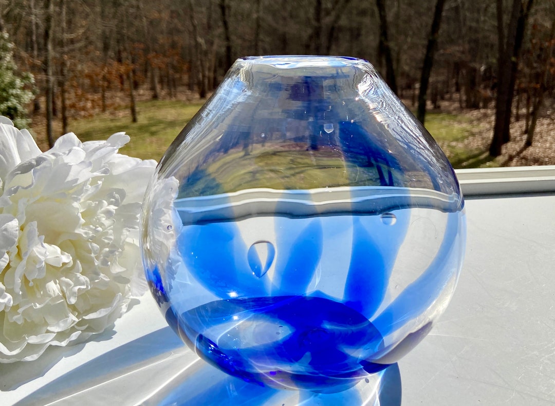 Hand Blown Glass Vase, Blue Ribbon, Sphere Vase, Handblown ...