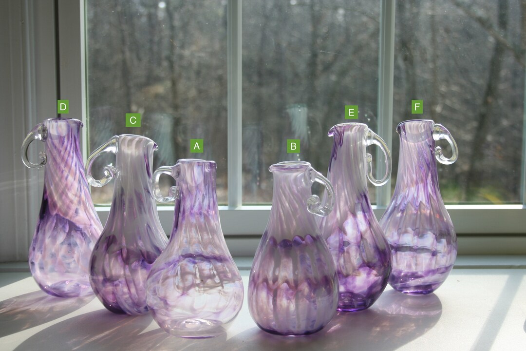 Hand Blown Glass Pitcher, Purple and White Swirl, Giraffe Neck Pitcher ...