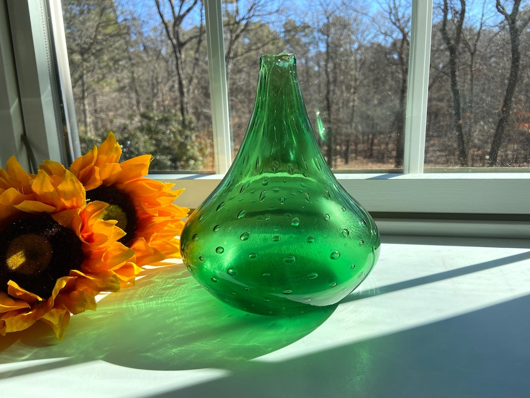 Hand-blown Glass Vase, Emerald Green Bubble Vase, Handblown, Shabby ...