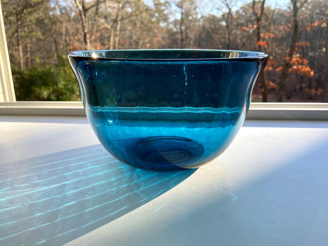 Hand Blown Glass Bowl, Centerpiece, Tableware, Deep Teal Blue, Large ...
