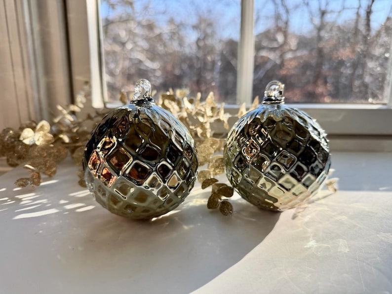 Iridescent Gold, Hand Blown Glass Ornament, Christmas Tree, Dimpled ...