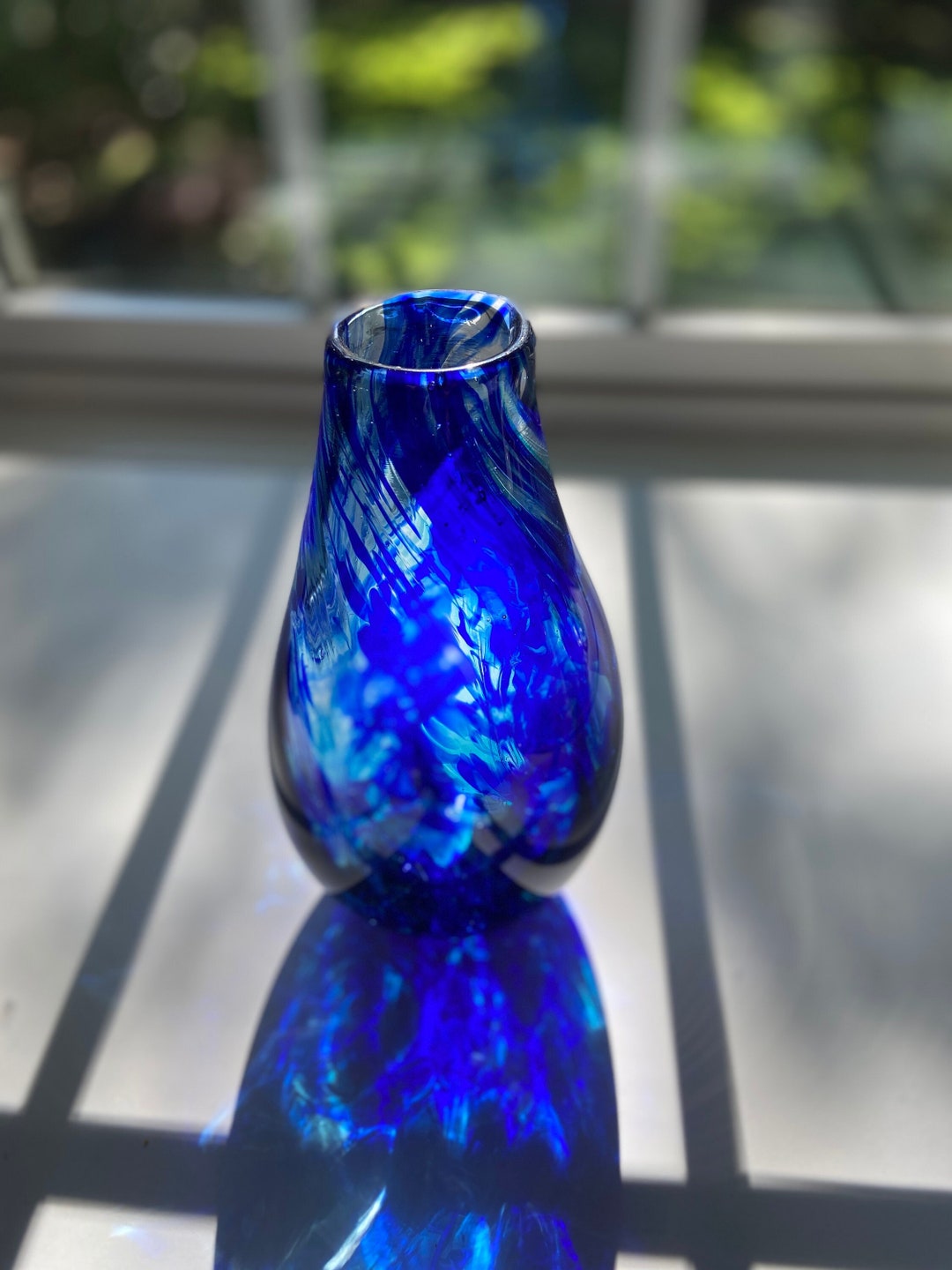 Hand Blown Glass Vase, Cobalt Blue and Teal, Swirl Vase, Recycled Vase ...