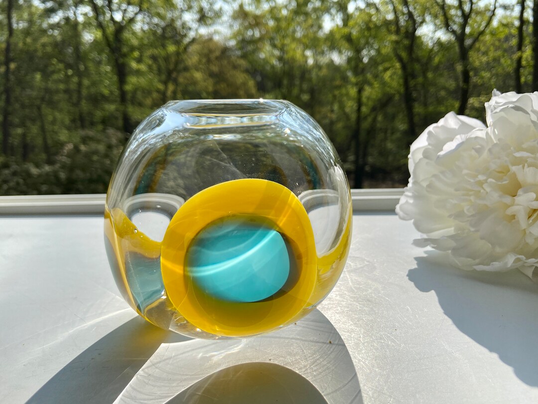 Hand Blown Glass Vase, Yellow and Blue Murrine, Orb Vase, Handblown, Studioatpennylane, Unique ...