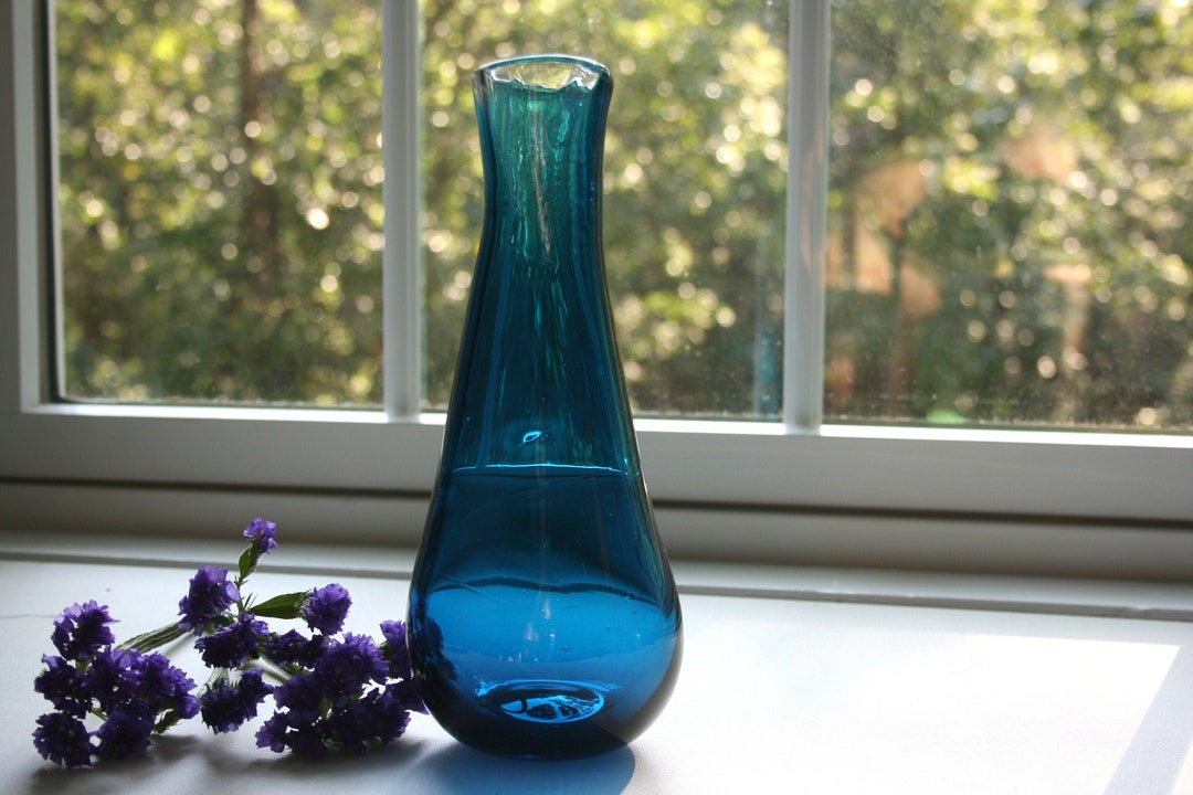 Hand Blown Glass Vase, Transparent Deep Aquamarine Blue, Handblown ...